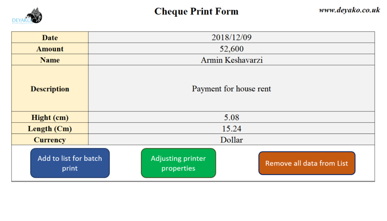 Print Cheque By Microsoft Excel Deyako